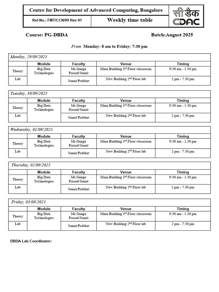 PG DBDA Weekly Schedule 3 | PDF