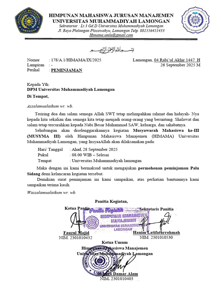 Permohonan Peminjaman Palu Sidang HIMAMA | PDF