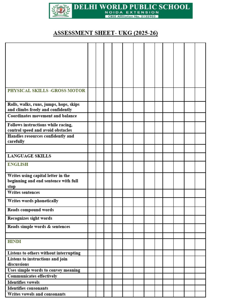 Assessment Sheet - UKG 2025-26 | PDF | Word | Phonetics
