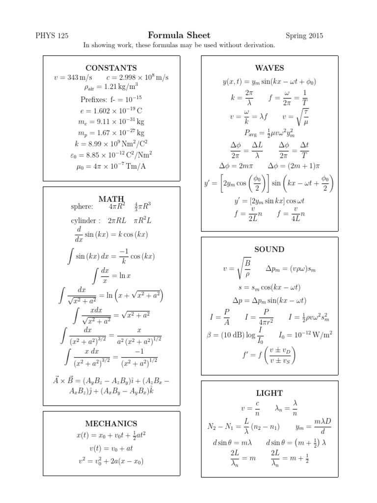 PHYS 125 Formula Sheet Overview | PDF