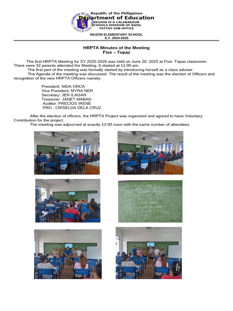 HRPTA Meeting Minutes for SY 2025-2026 | PDF