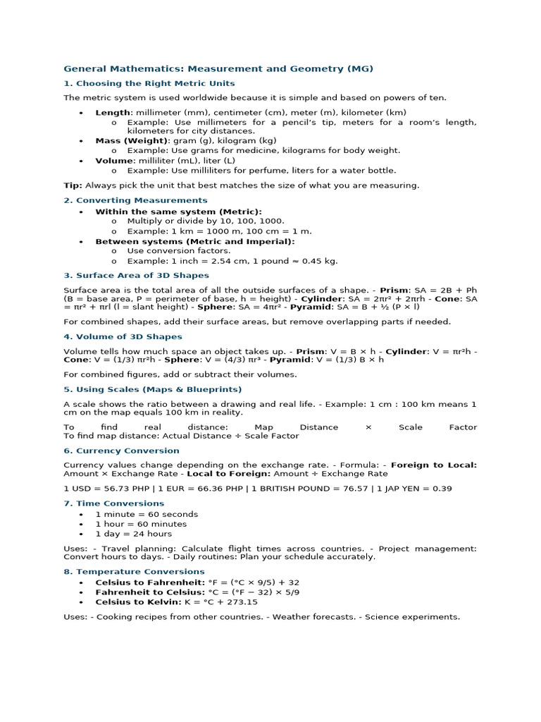 Measurement Geometry Notes | PDF | Area | Volume