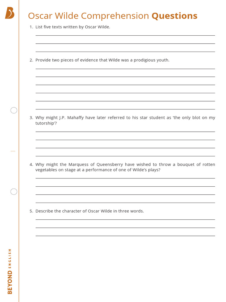 Biography of Oscar Wilde Comprehension Questions MA | PDF