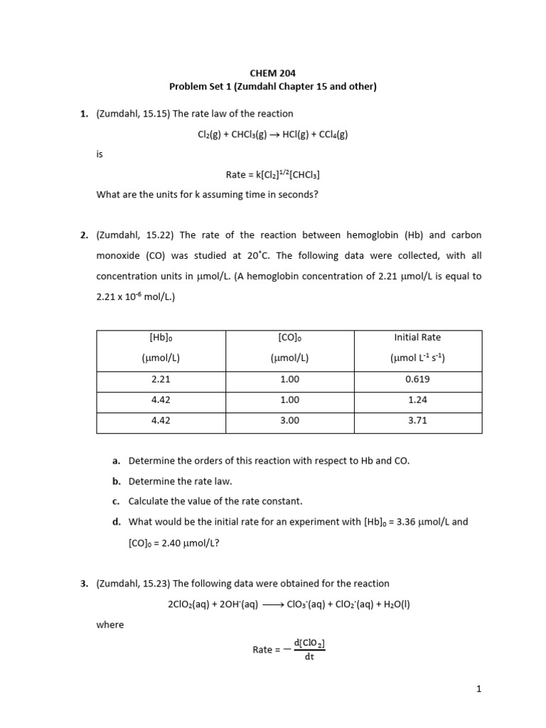 CHEM 204 - Problem Set 1 | PDF | Physical Chemistry | Chemistry
