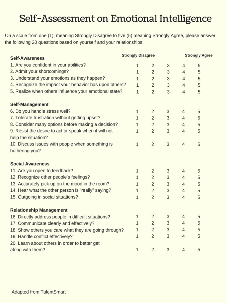 Emotional Intelligence Self-Assessment | PDF | Emotional Intelligence ...