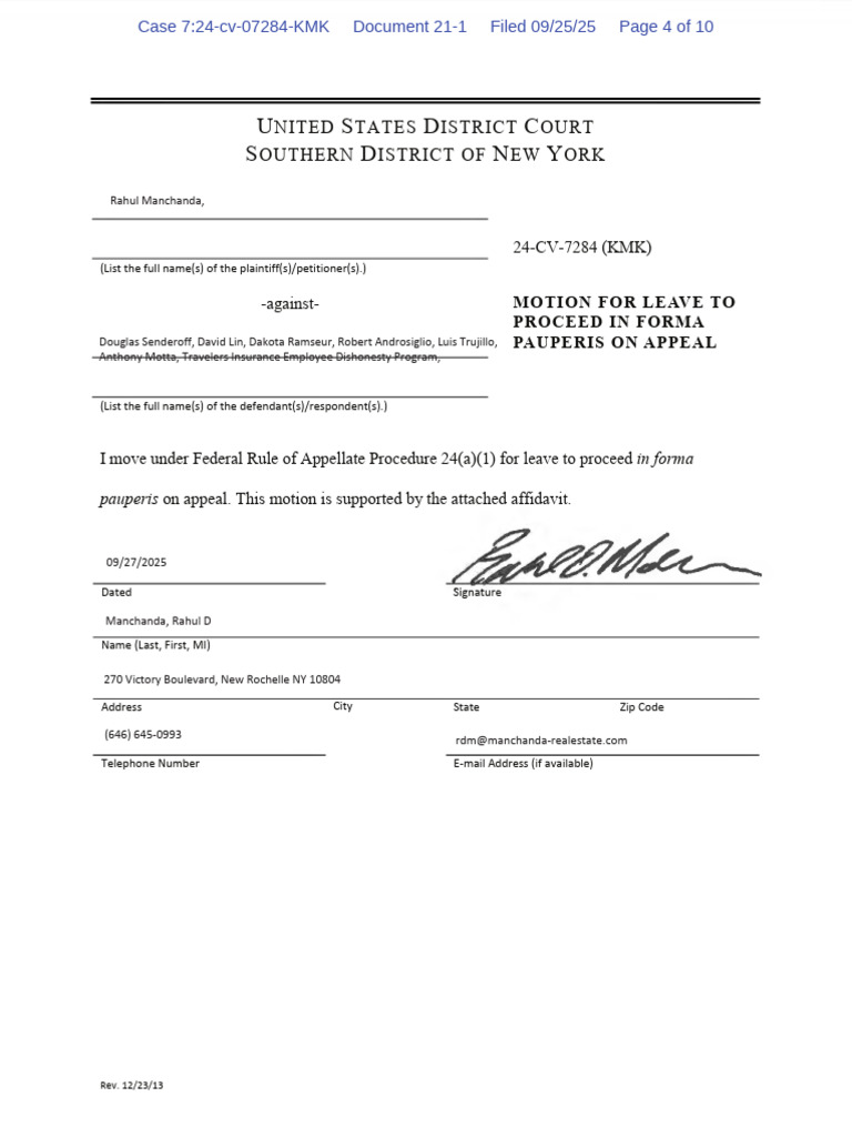 In Forma Pauperis 24-CV-7284 Pages 1-2 | PDF | Affidavit | Judgment (Law)
