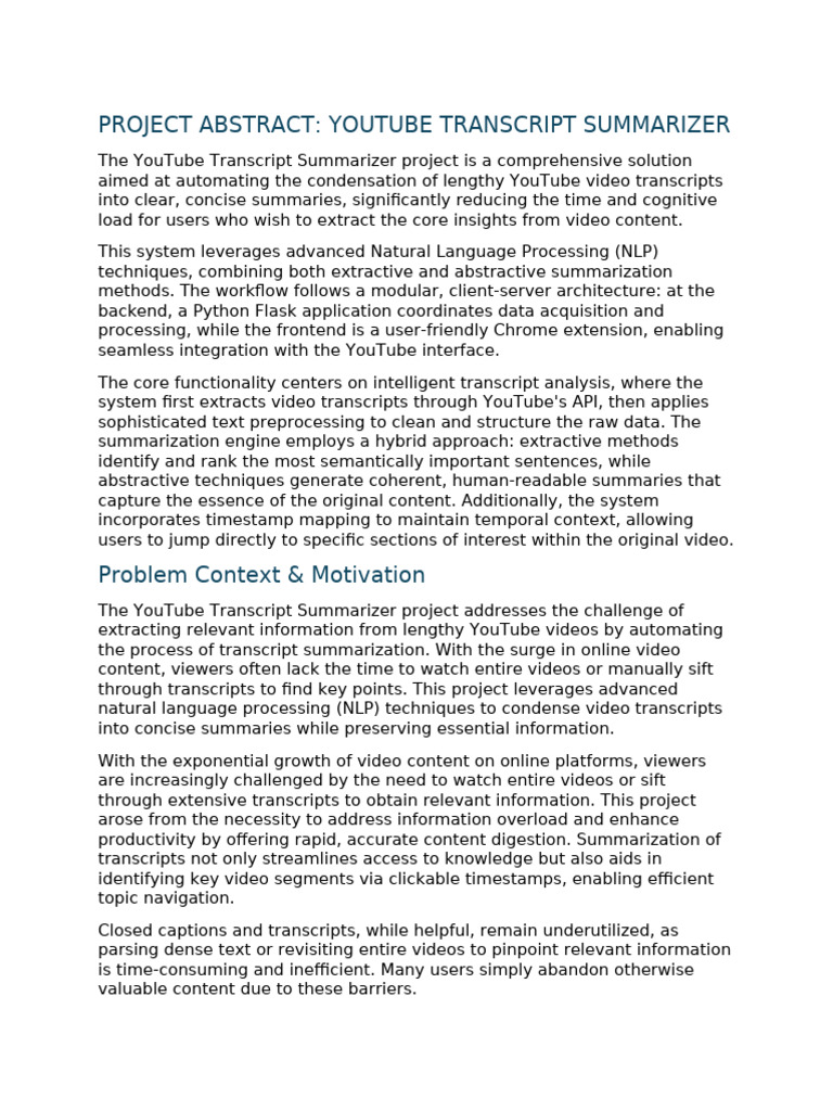 Project Abstract Youtube Transcript Summarizer | PDF | Computing ...