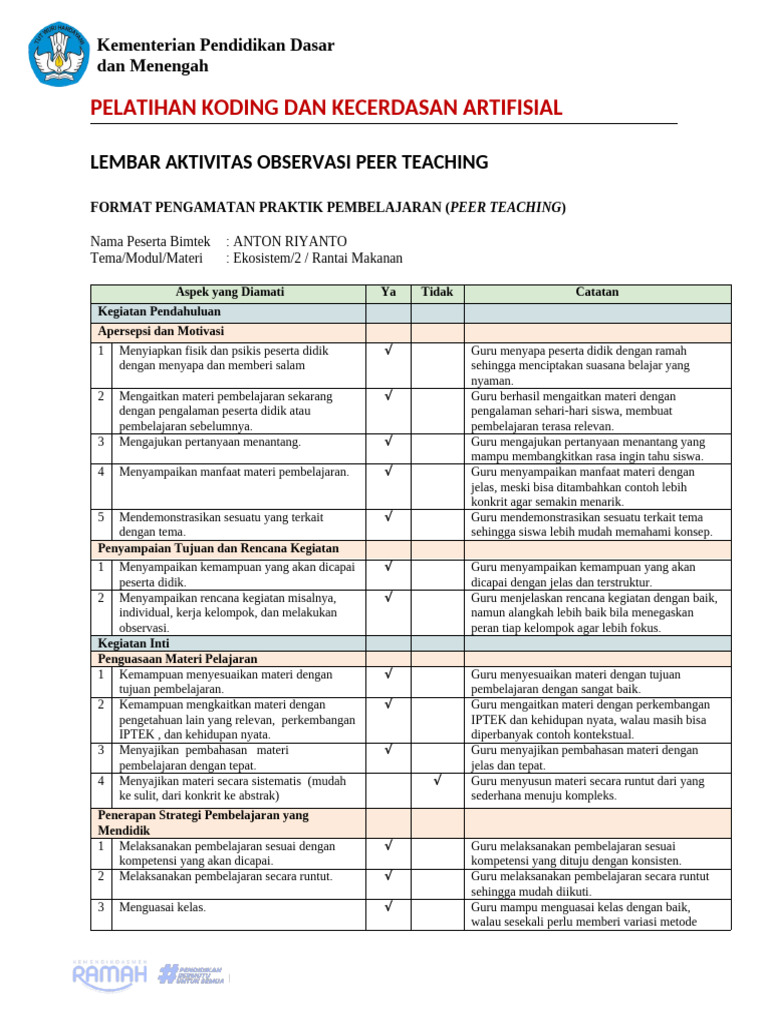 Observasi Peer Teaching Anton Riyanto | PDF