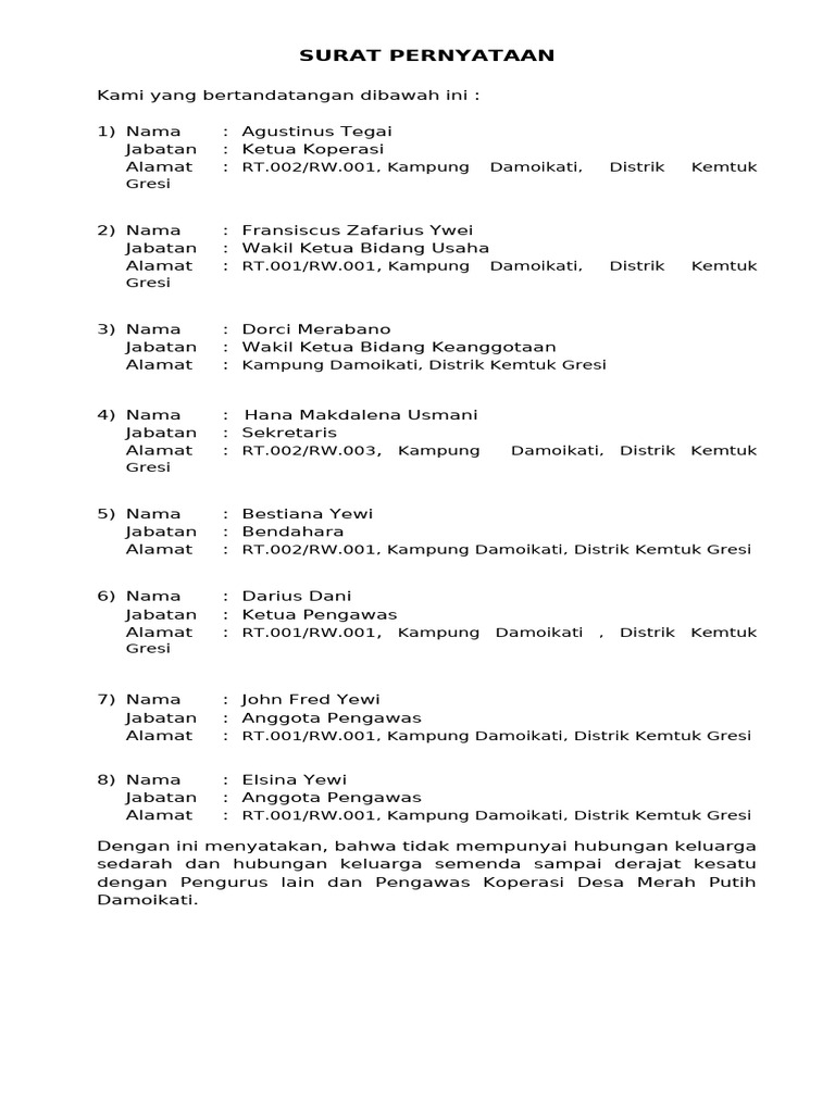 Surat Pernyataan Tidak Punya Hubungan Sedarah& Semenda (Pengurus ...