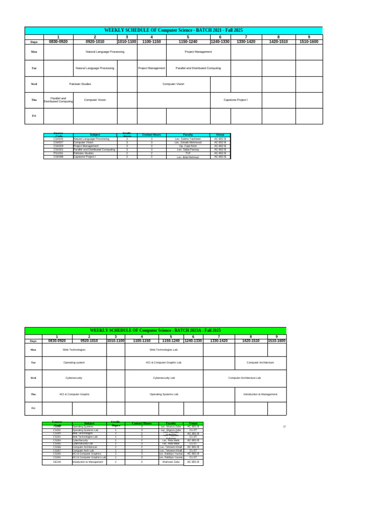 Computer Science Weekly Schedule 2025 | PDF | Mathematics ...