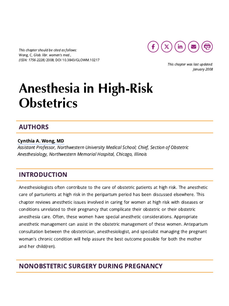 Anesthesia Considerations in High-Risk Obstetrics | PDF | Anesthesia ...