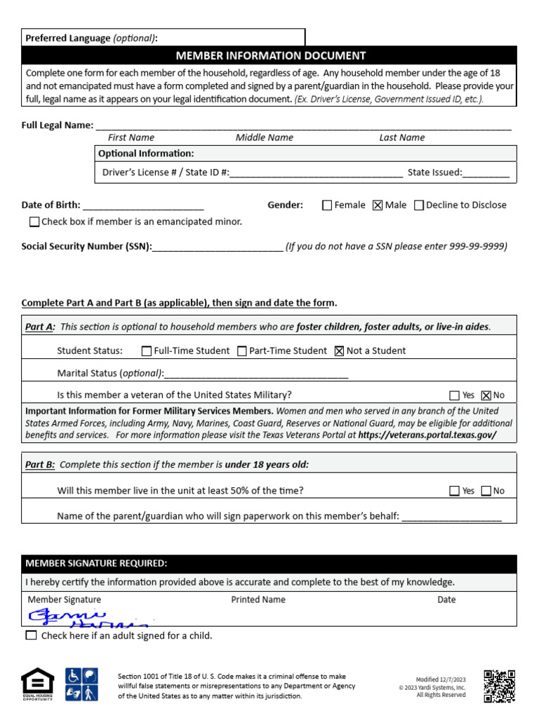 Household Member Information Form | PDF | Section 8 (Housing) | Lease