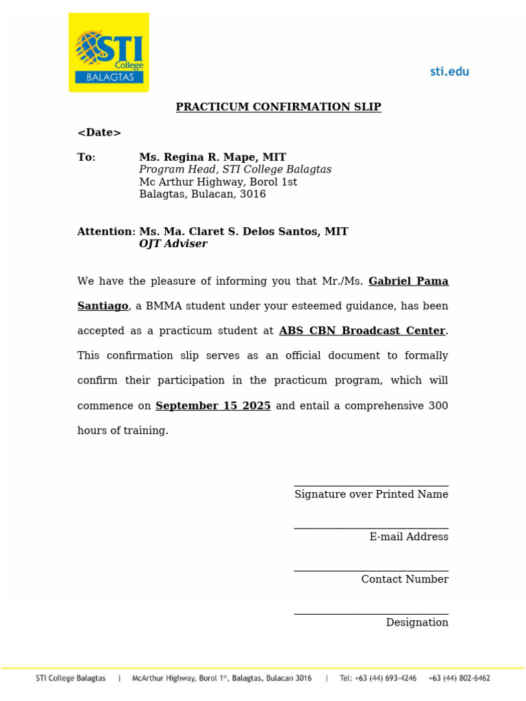 Practicum Confirmation Slip | PDF