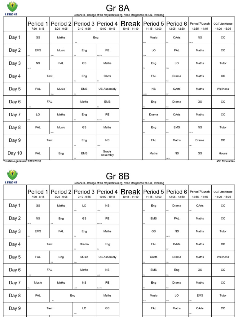 Lebone II College Timetable 2025 | PDF