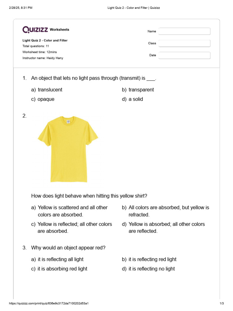 Light Quiz 2 - Color and Filter - Quizizz | PDF | Light | Color