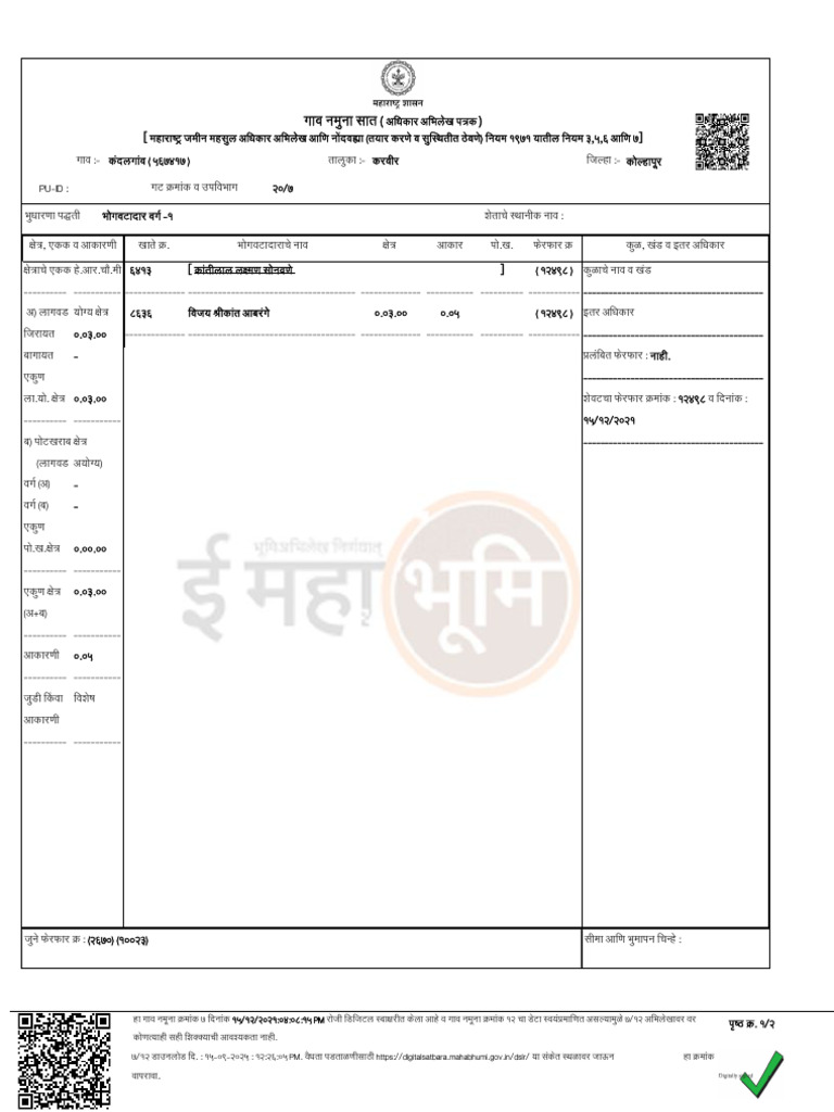 कंदलगांव 20#7 Satbara | PDF
