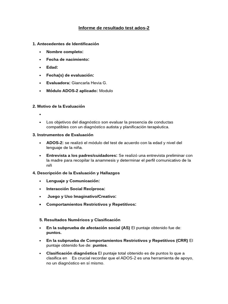 Informe de Evaluación ADOS-2: Resultados y Diagnóstico | PDF