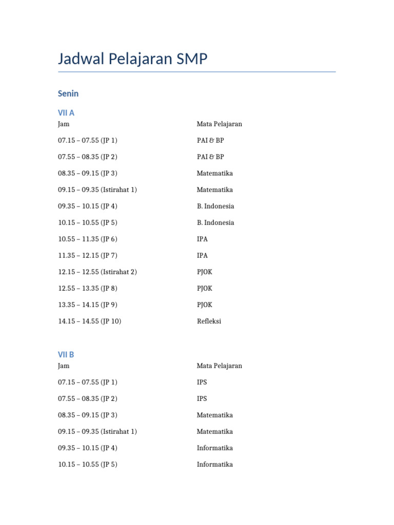 Jadwal Pelajaran SMP Lengkap | PDF