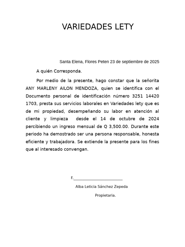 Constancia Laboral de Any Marleny Ailon | PDF
