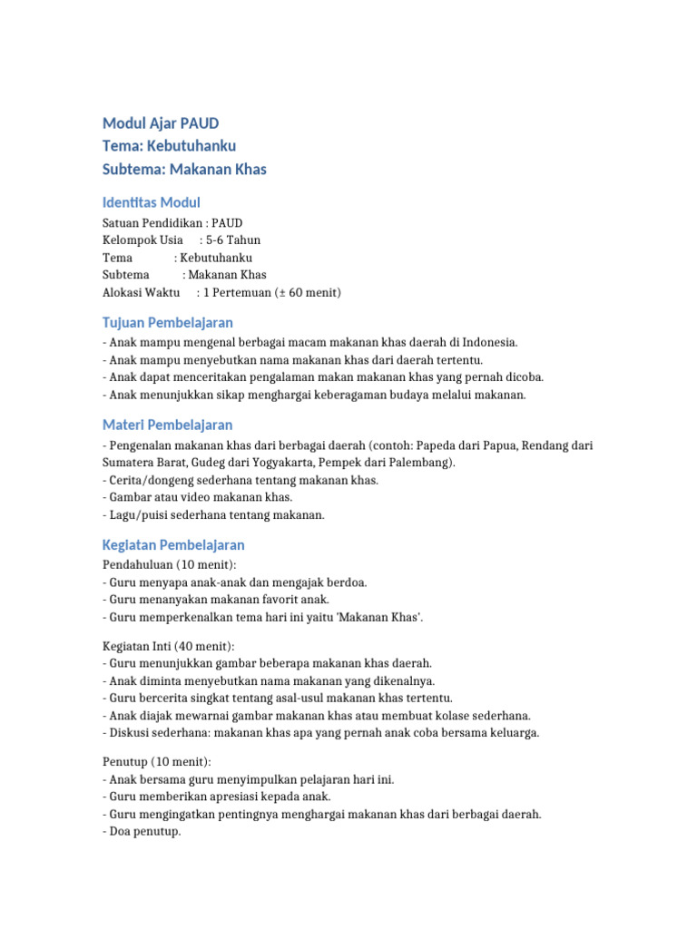 Modul PAUD: Makanan Khas Indonesia | PDF