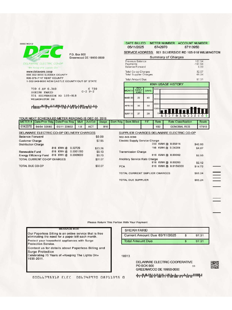 Delaware Electricity Bill SF | PDF