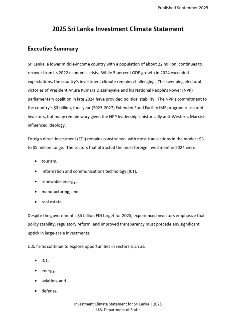 2025 Sri Lanka Investment Climate Statement | PDF | Cost Of Living ...
