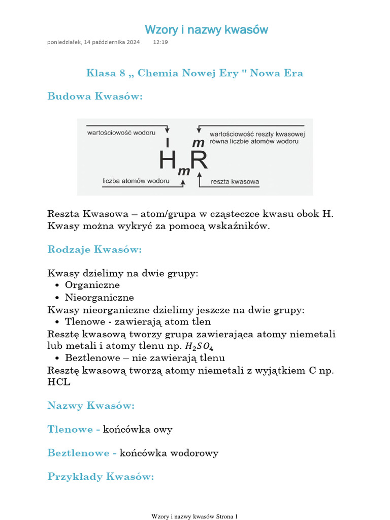Wzory I Nazwy Kwasów | PDF