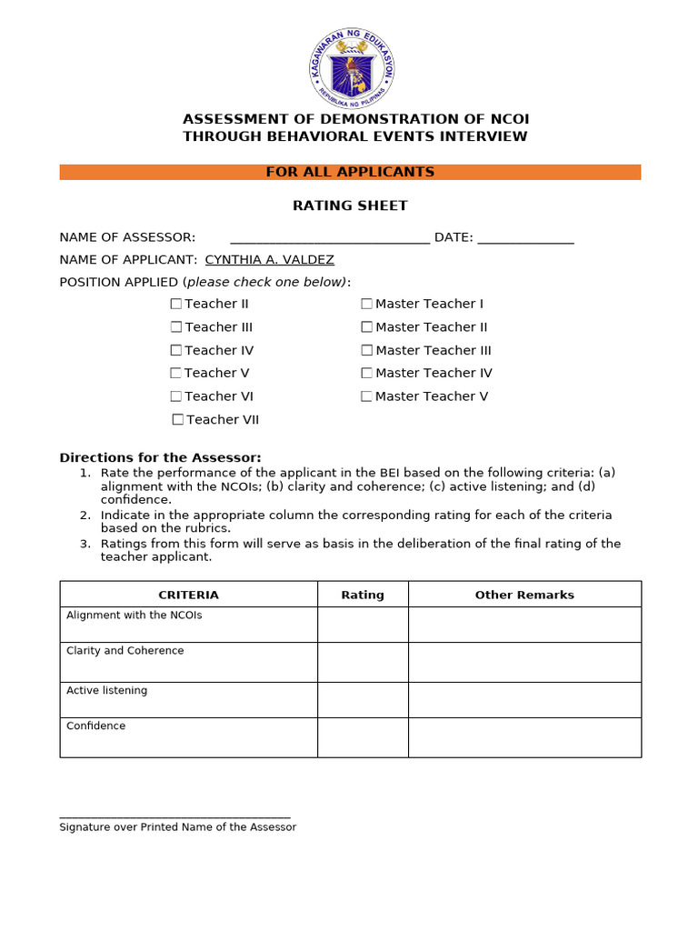 NCOI BEI Rating Sheet For All Applicants | PDF