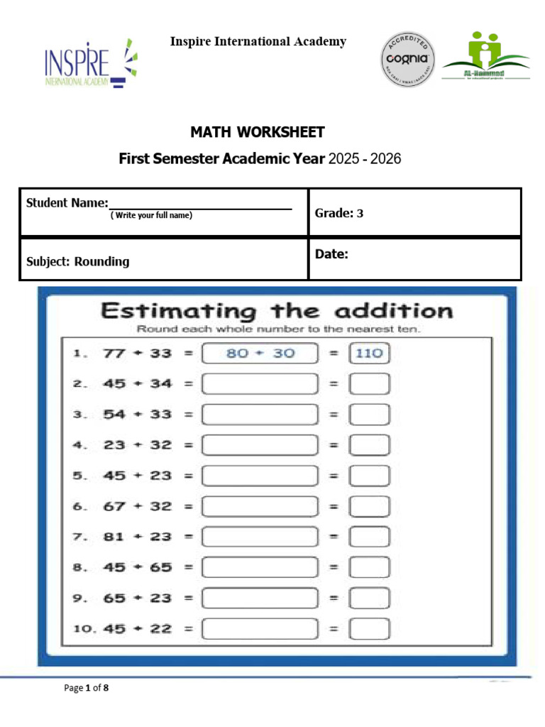 Grade 3 Estimating Sums Worksheet | PDF