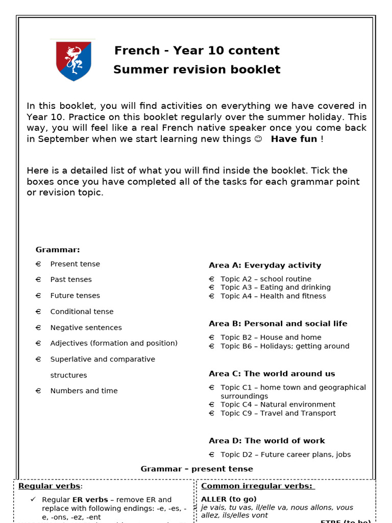 Year 10 French Summer Revision Guide | PDF | Grammatical Tense | Adjective