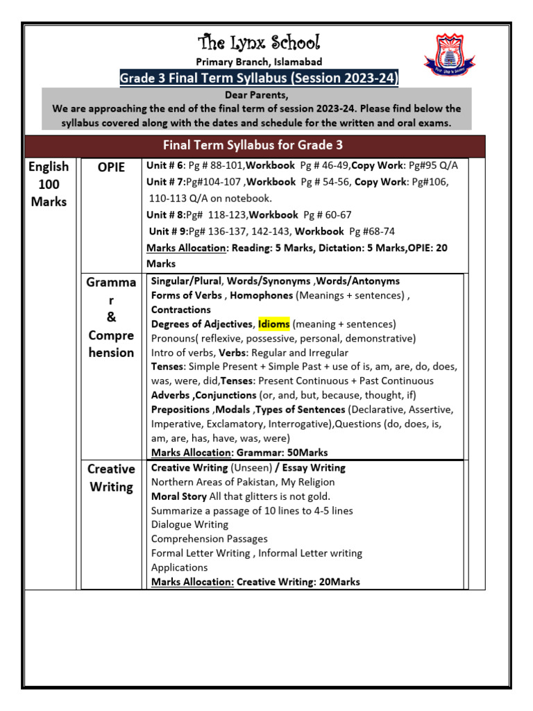 Grade 3 Final Term Syllabus 2023-24 | PDF | Verb | Syntax