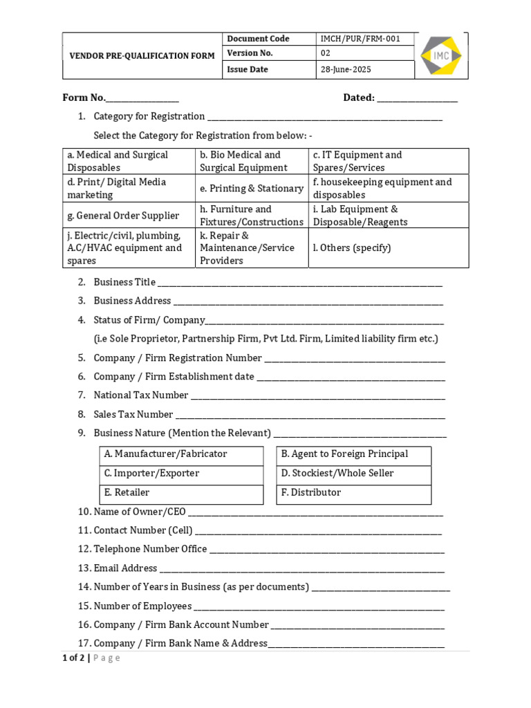 Vendor Pre Qualification Form | PDF | Business