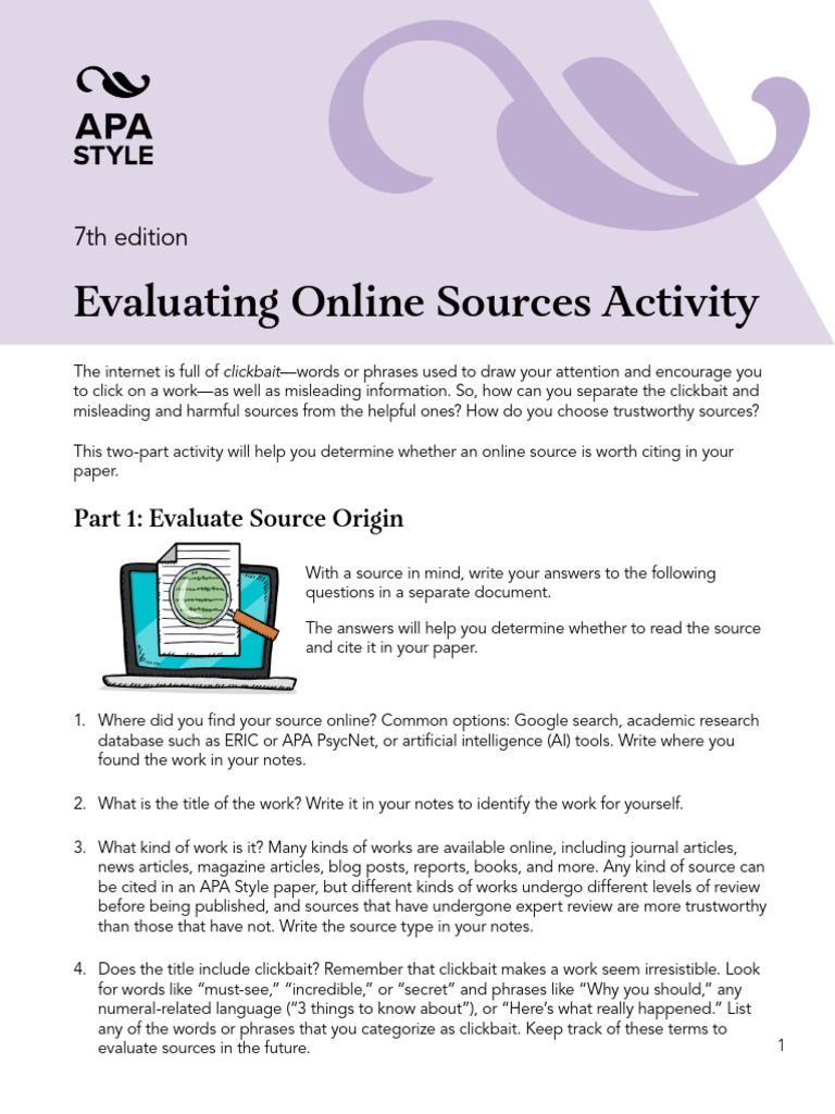 Evaluating Online Sources Activity | PDF | Apa Style | American Psychological Association