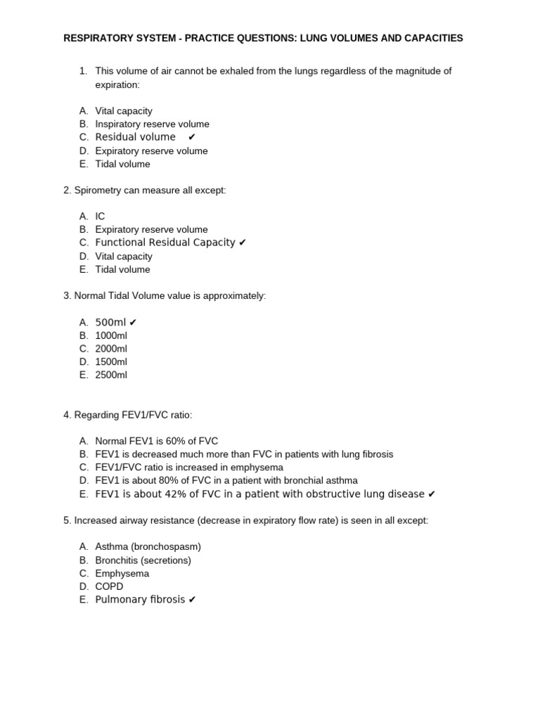 Lung Volumes and Capacities Quiz | PDF