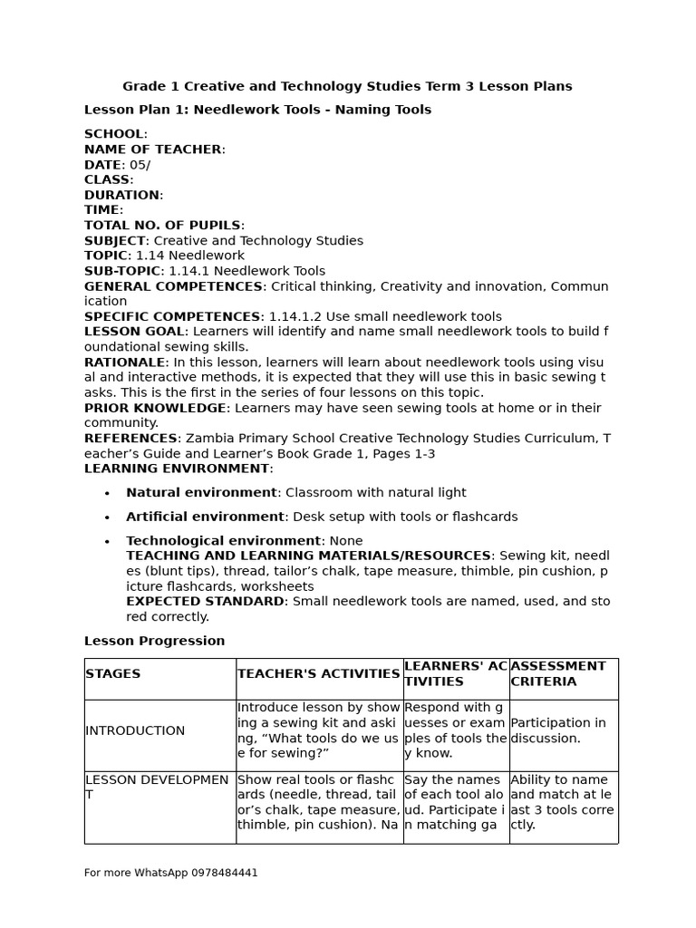 Grade 1 Needlework Tools Lesson Plans | PDF | Lesson Plan | Learning
