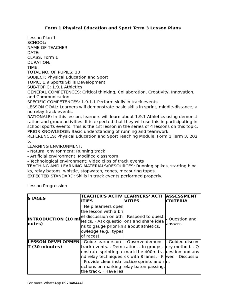 Form 1 Athletics Lesson Plans | PDF | Learning | Lesson Plan