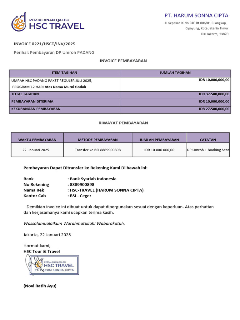 Invoice DP Umroh HSC Padang 2025 | PDF