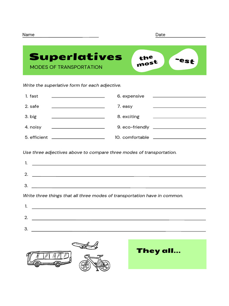Colorful Superlative Adjectives Grammar Worksheets in Green and Yellow ...