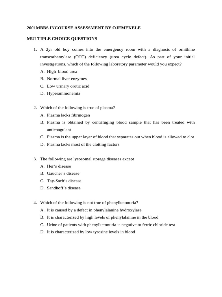 200l Mbbs Incourse Assessment by Ojemekele On Inborn Errors of Metabolism-1 | PDF | Blood Plasma ...