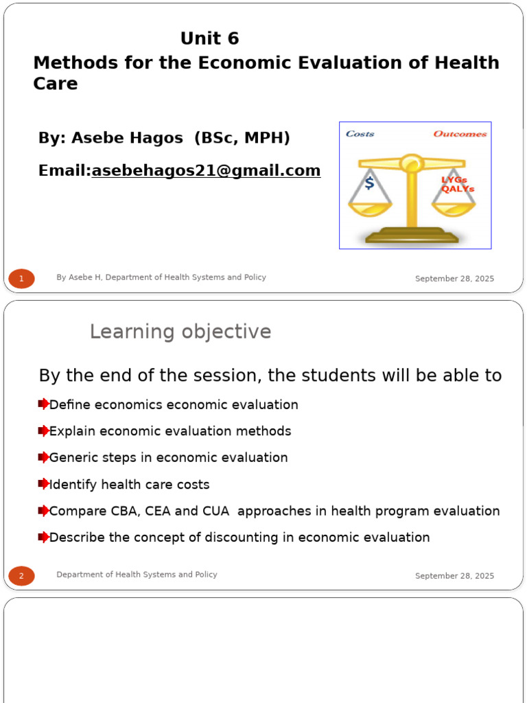 Med Unit 6 Methods For The Economic Evaluation of Health Care | PDF | Cost Effectiveness ...