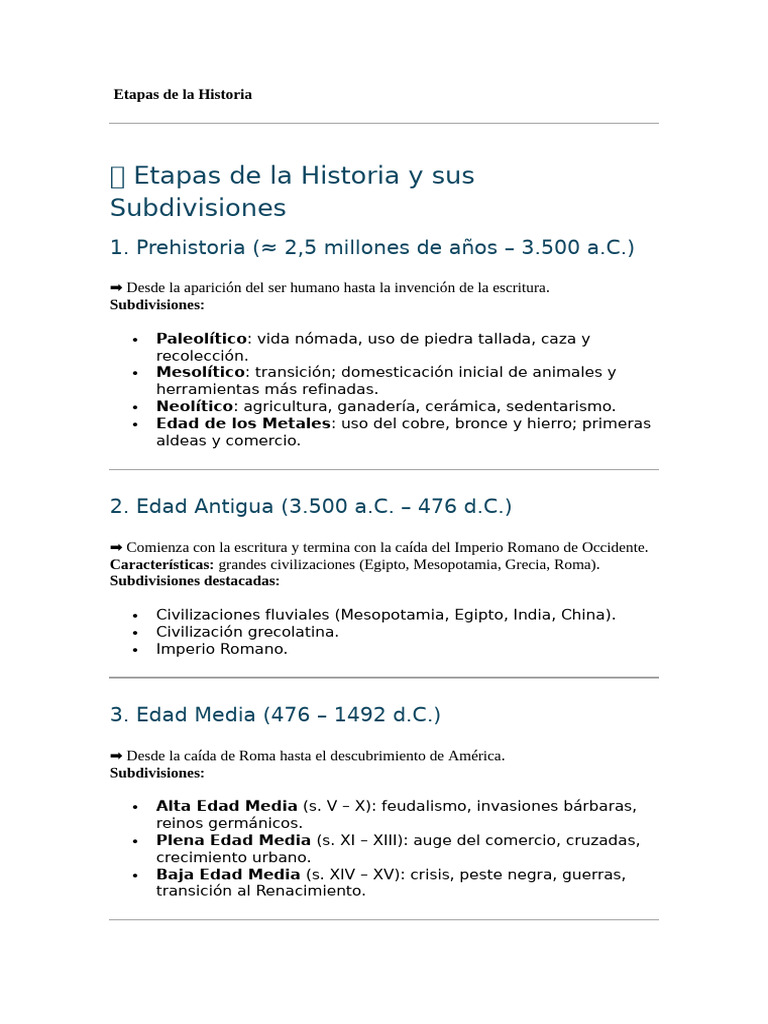 Etapas de La Historia y Sus Subdivisiones: 1. Prehistoria ( 2,5 ...