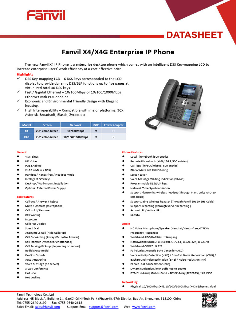 Fanvil X4/X4G IP Phone Datasheet | PDF | Computer Networking | Internet ...