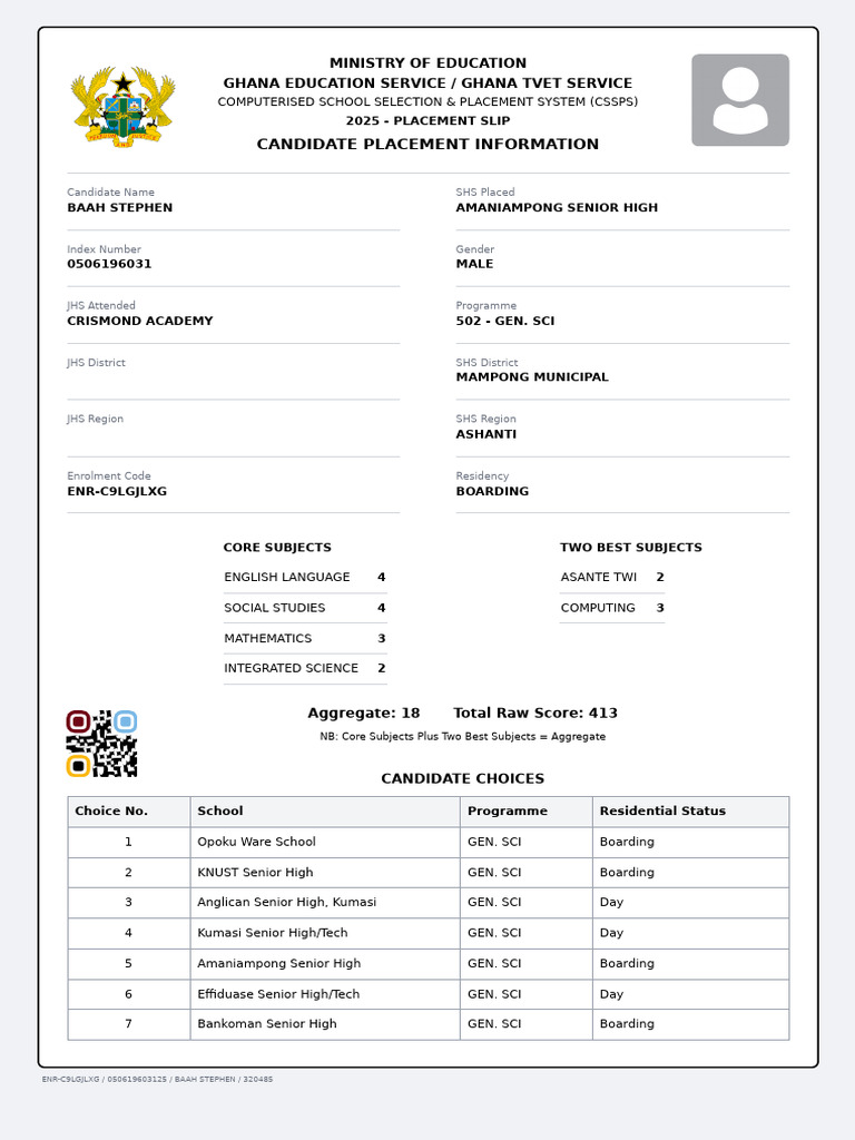 2025 CSSPS Placement Slip for Baah Stephen | PDF