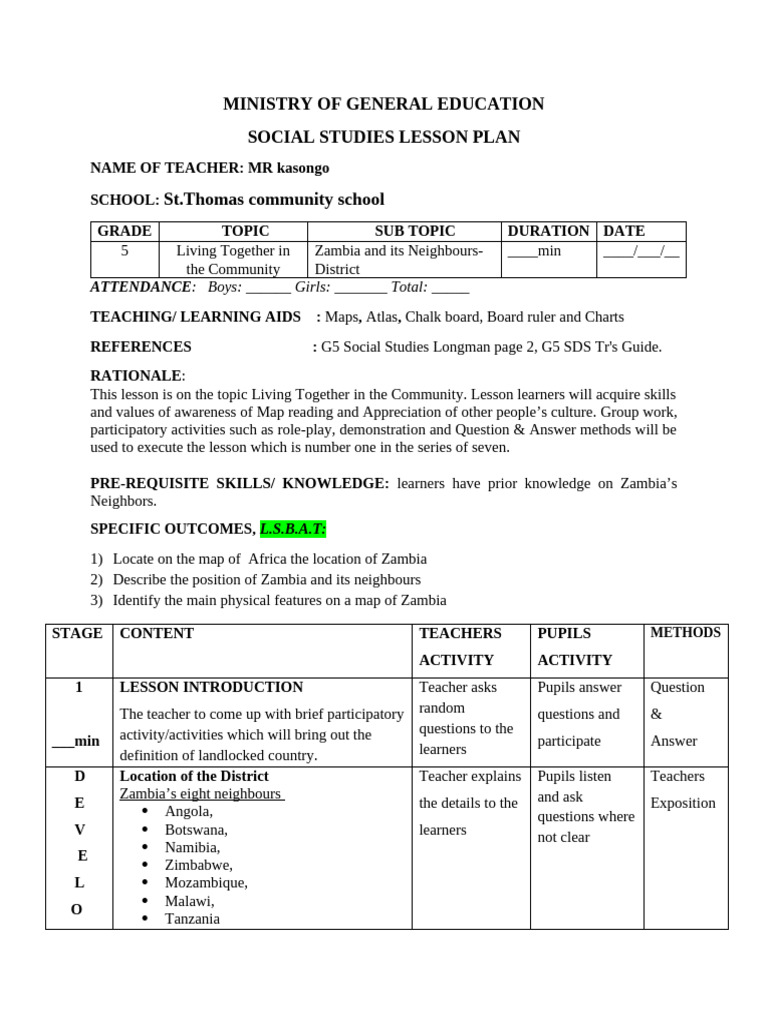 G5 Social Studies Lesson Plans..... by MR K 0777272296 | PDF | Zambia ...