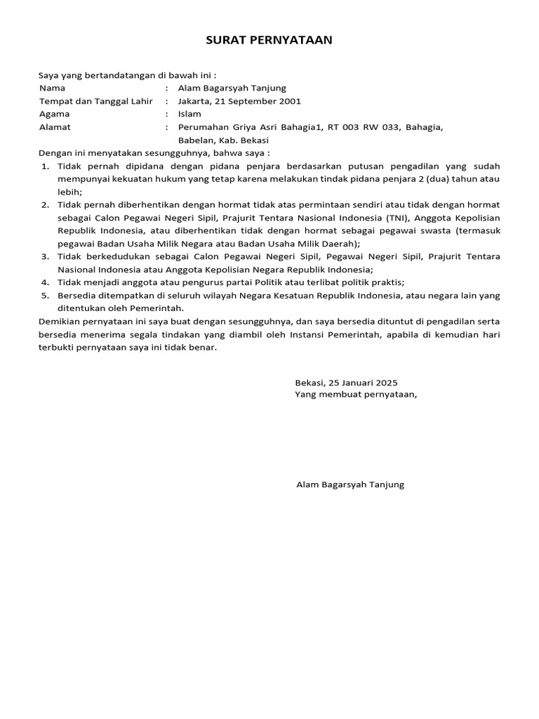 Surat Pernyataan A 5 Poin DRH Cpns | PDF