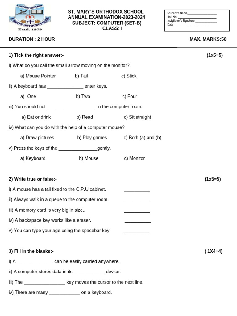 Class 1 Computer (Annual Exam) | PDF | Computer Keyboard | Cursor (User Interface)