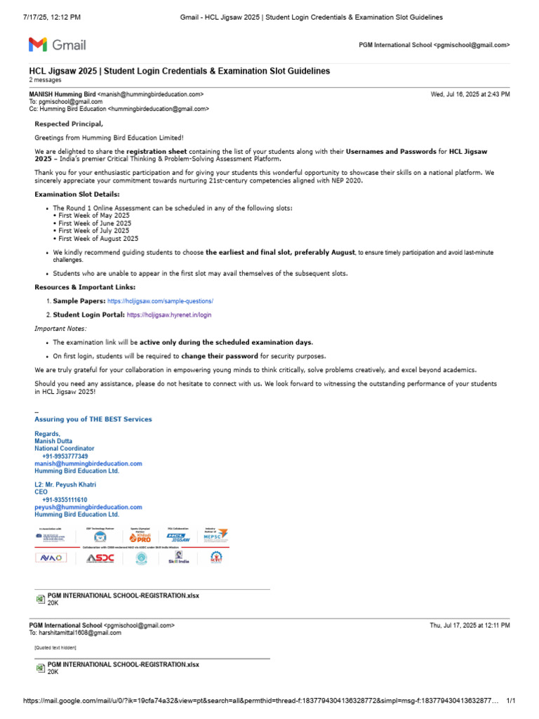 Gmail - HCL Jigsaw 2025 - Student Login Credentials & Examination Slot Guidelines | PDF ...