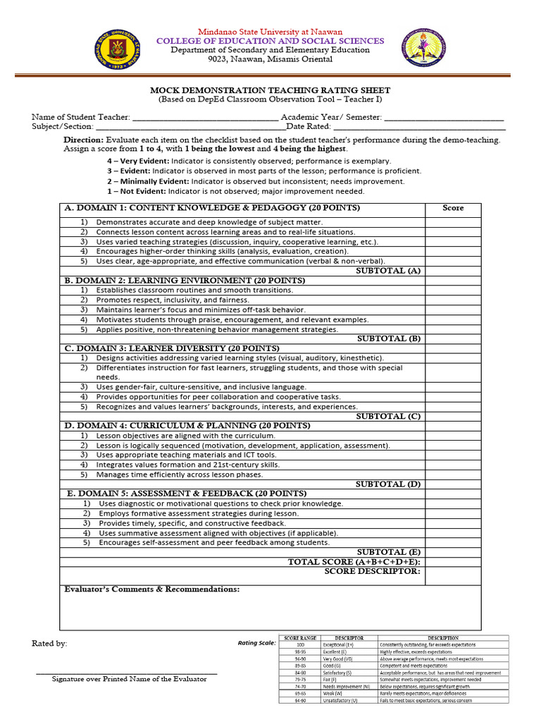 Elc 101 102 Mock Demo Teaching Rating Sheet | PDF | Educational Assessment | Learning