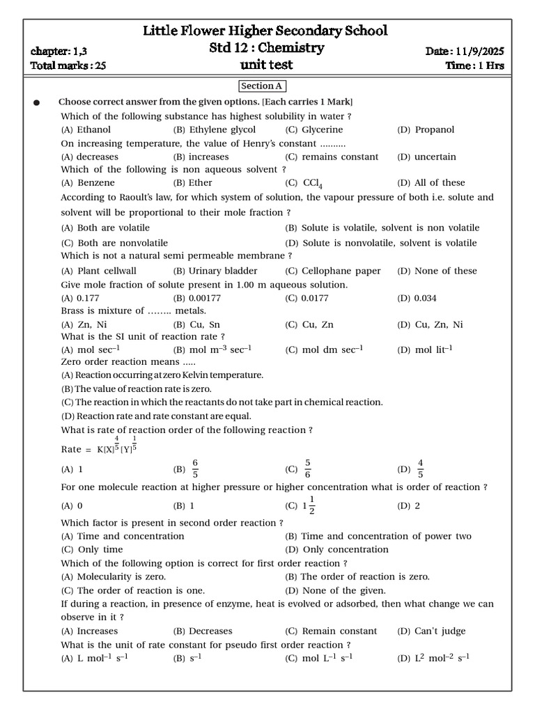 Std 12 Chemistry Unit Test Questions | PDF | Reaction Rate | Chemical ...