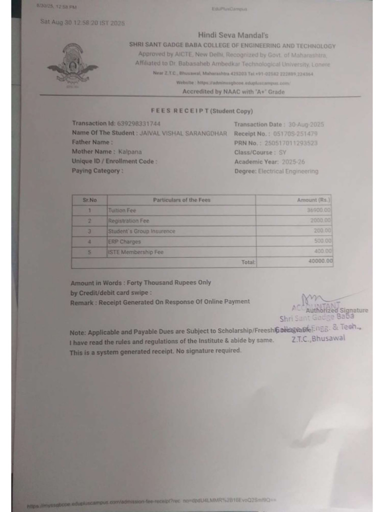 Fees Receipt - Compressed | PDF